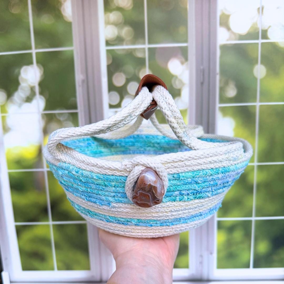 Coastal Cotton Rope Basket With Lake Superior Agate | Handmade Ocean ...