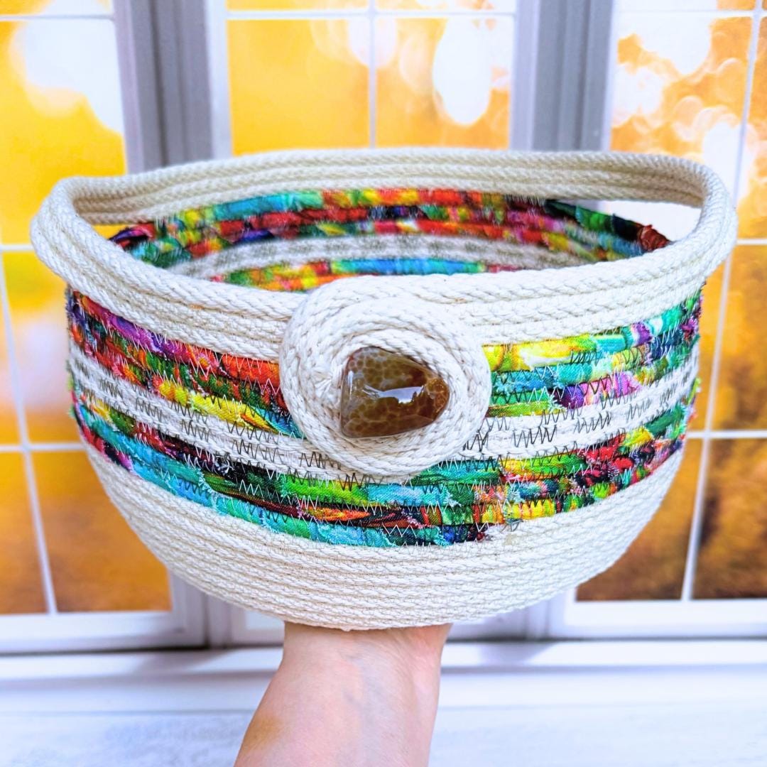 Rainbow Cotton Rope Basket With Lake Superior Agate | Handmade Colorful ...
