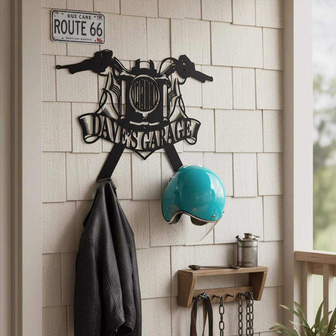 Custom Metal Motorcycle Helmet & Jacket Holder: Garage Decor, Custom ...