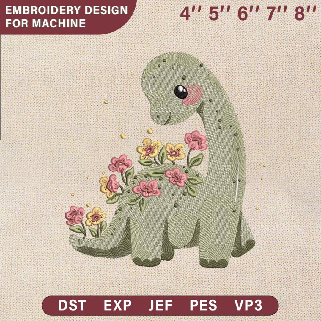 Cute Baby Brontosaurus Embroidery Design, Floral Dinosaur Embroidery ...