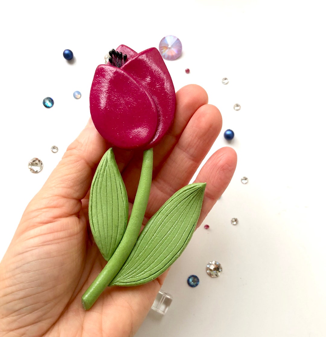 Tulip Brooch, Floral Brooch, Flower Brooch, Pink Tulip Brooch, Clay ...