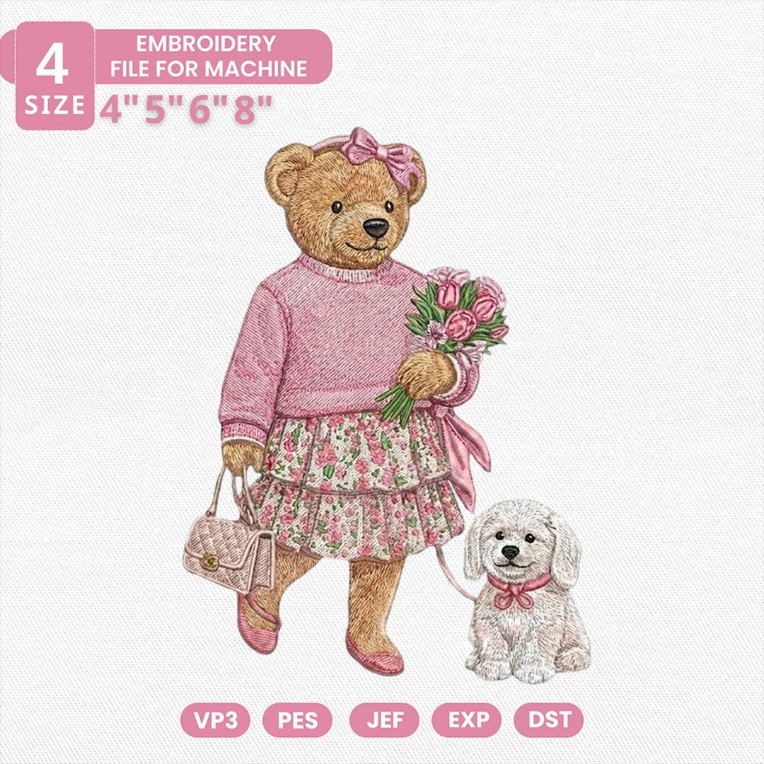 Valentine Teddy Bear Embroidery File, Luxury Preppy Bear Love ...