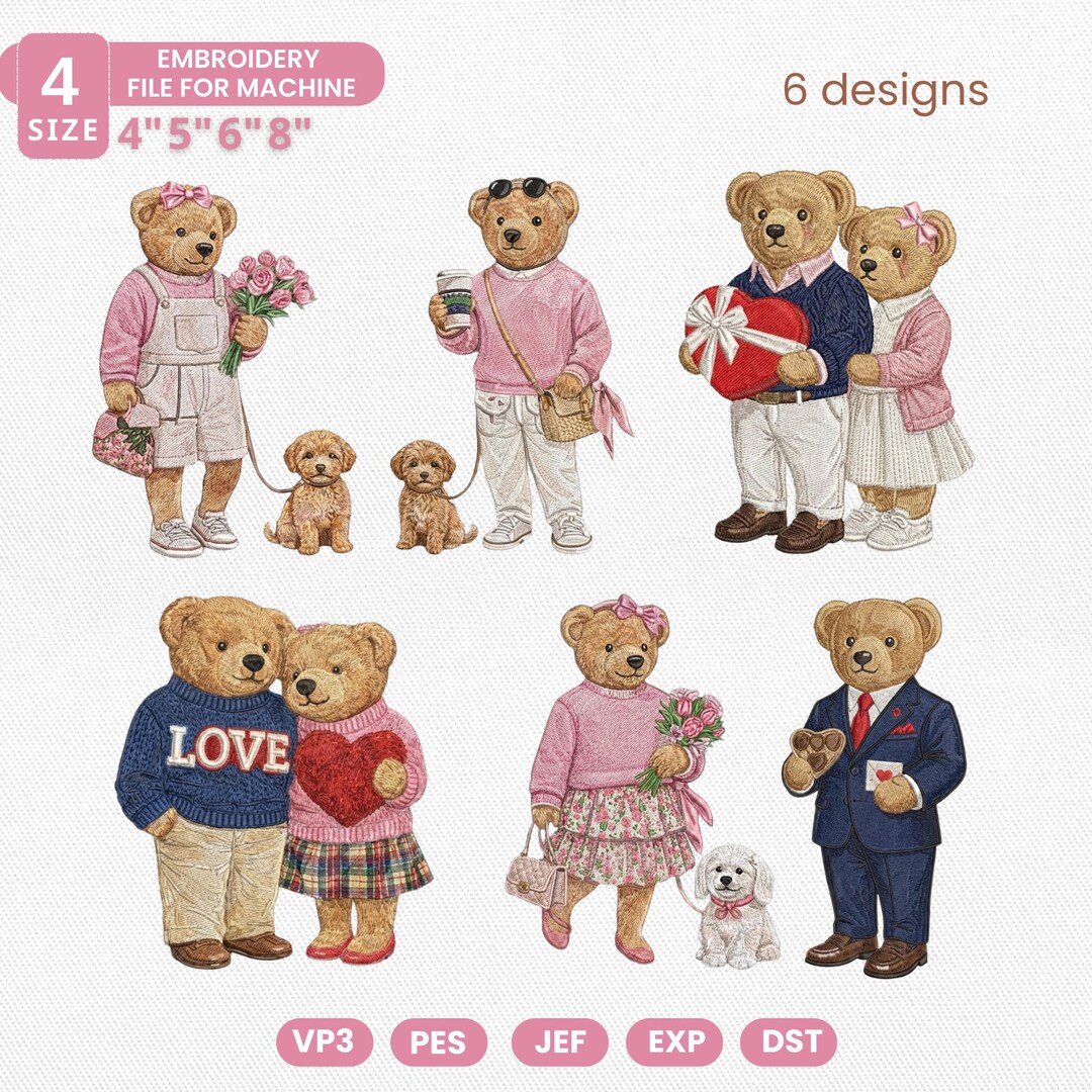 Valentine Teddy Bear Couple Embroidery Bundle, Romantic Preppy Teddy ...