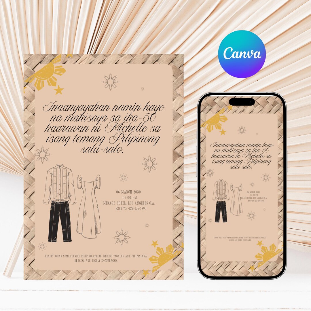 Editable Filipino Theme 50th Birthday Invitation | Barong & Filipiniana ...