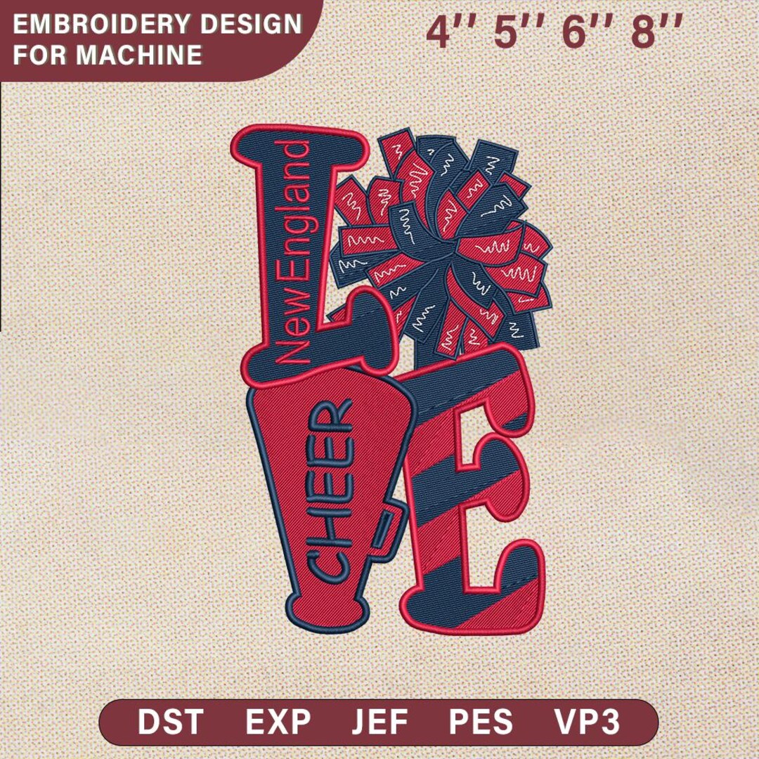 New England Cheer Machine Embroidery Design File, LOVE Cheerleading ...