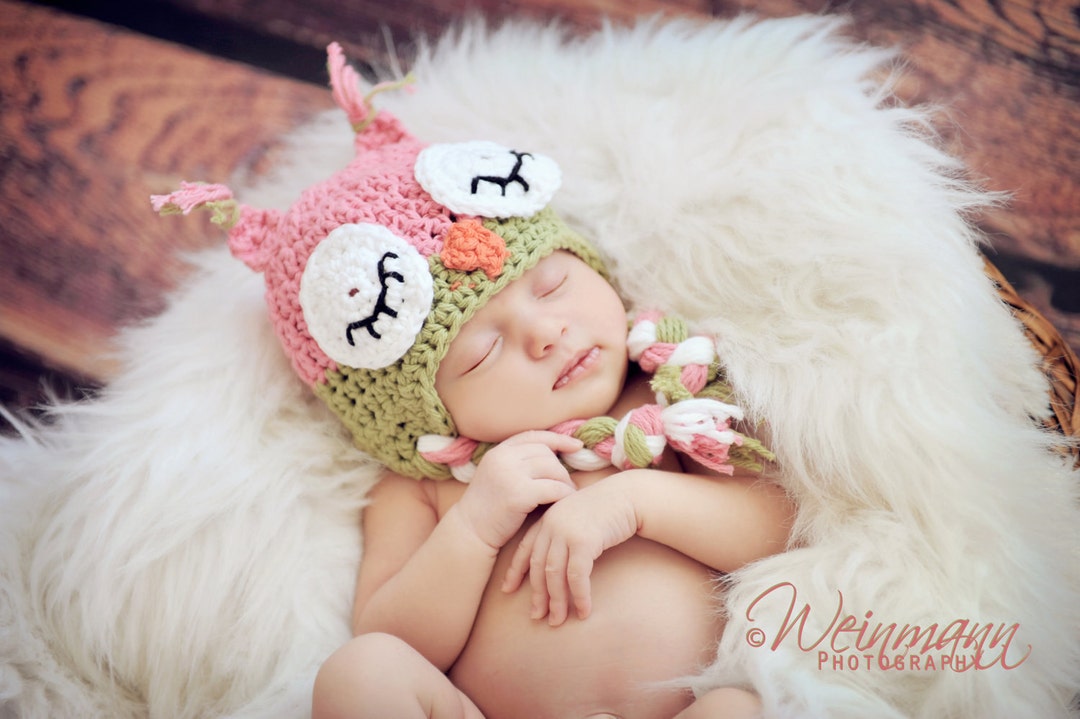 Owl Hat for Newborn and Toddlers, Crochet Pink Owl Hat, Newborn Photo ...