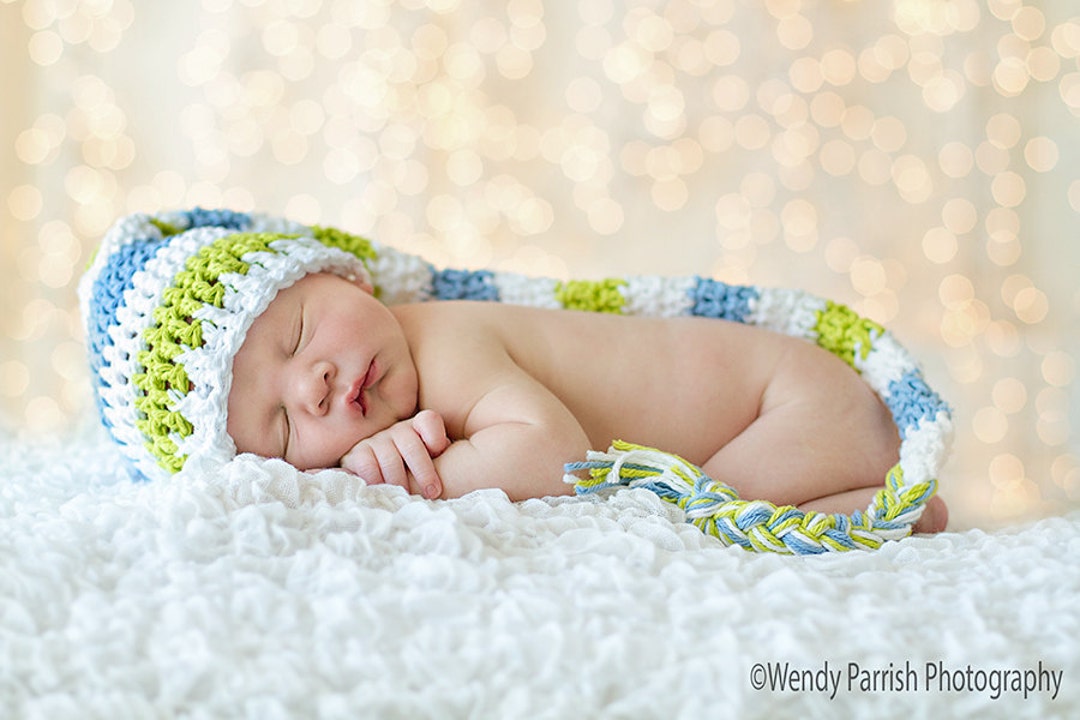 Crochet Long Tail Elf Hat Newborn Blue Green and White Elf Hat ...