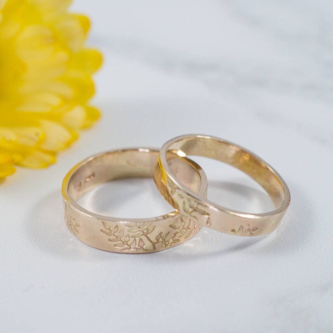 Gold Botanical Wedding Bands: A Set of His and His 14k Recycled Gold ...