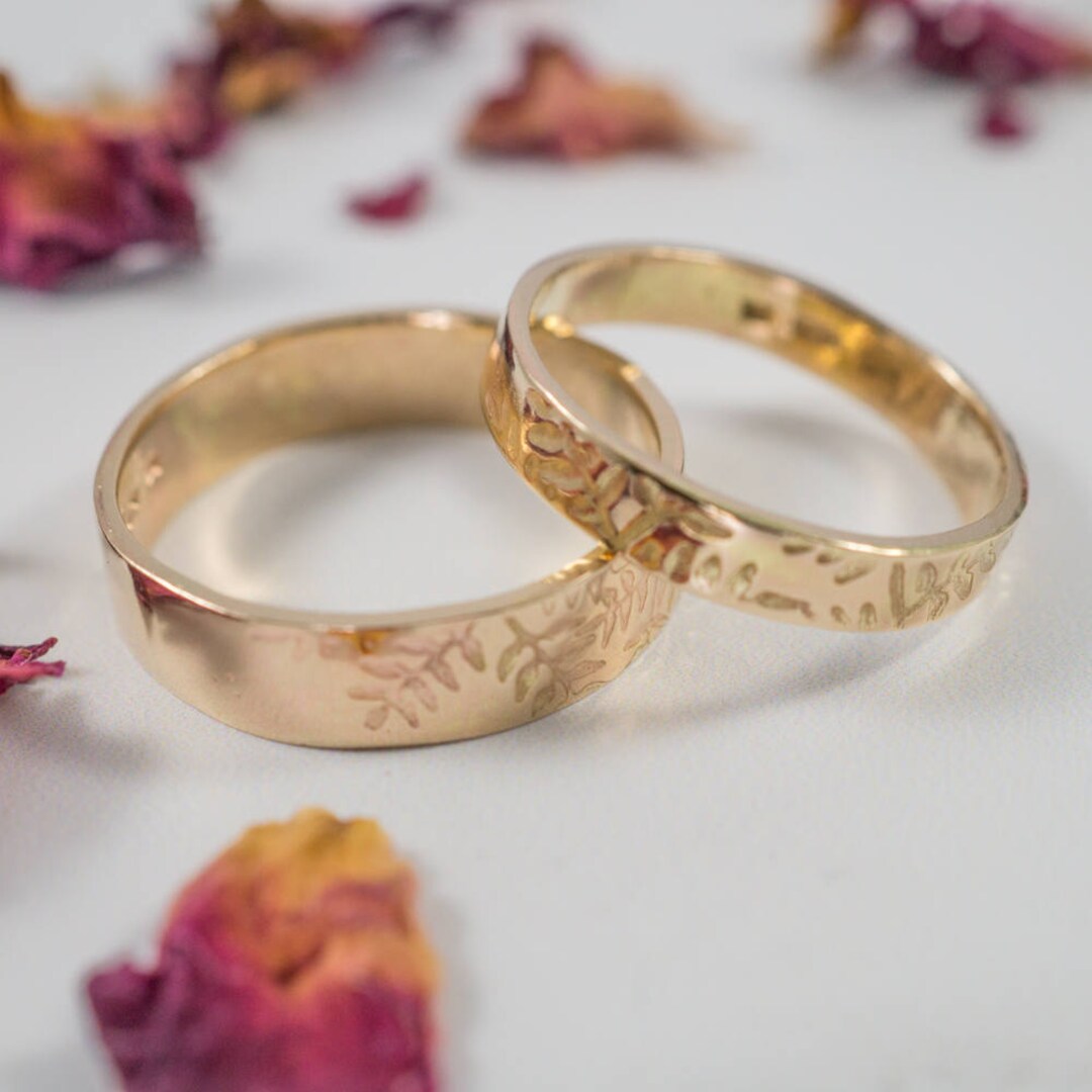 Gold Botanical Wedding Bands: A Set of His and Hers 18k Eco Gold ...