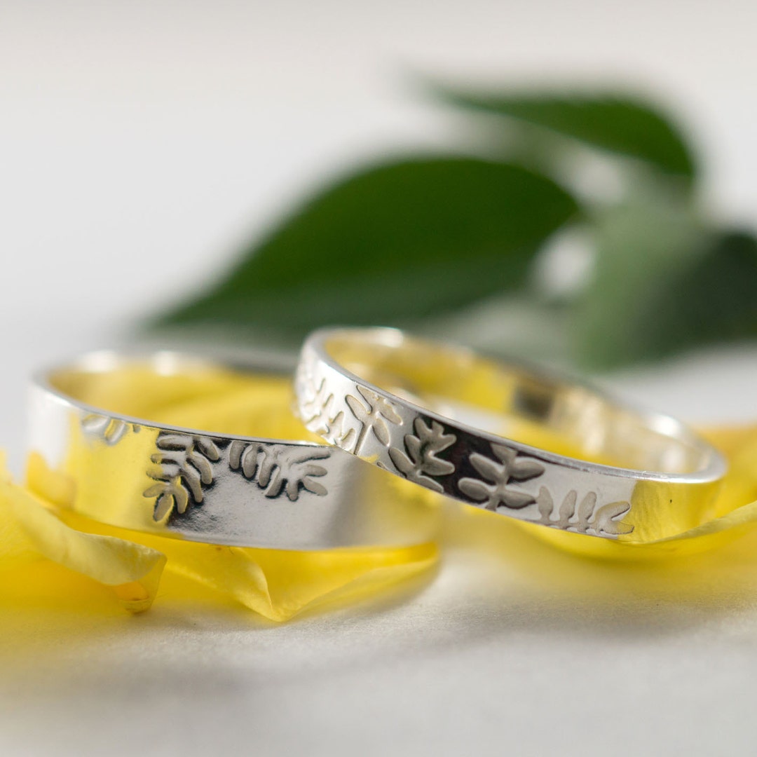 Silver Botanical Wedding Bands: A Set of His and Hers Eco Silver ...