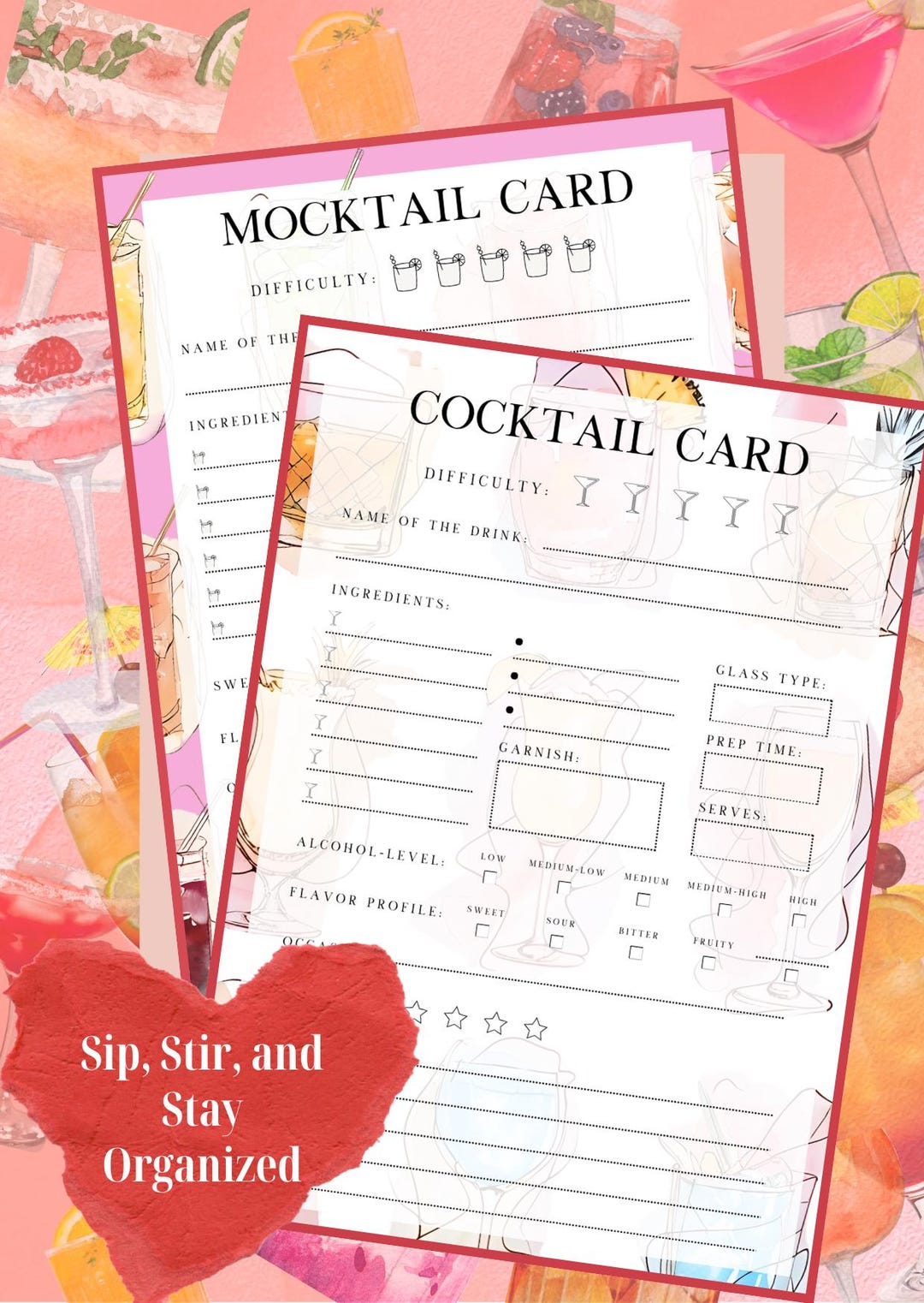 Cocktail and Mocktail Recipe Cards | Drink Recipe Templates | Bar Cart ...