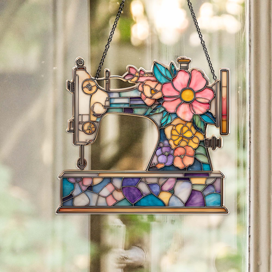 Vintage Sewing Machine Suncatcher | Floral Stained Glass Acrylic Window ...