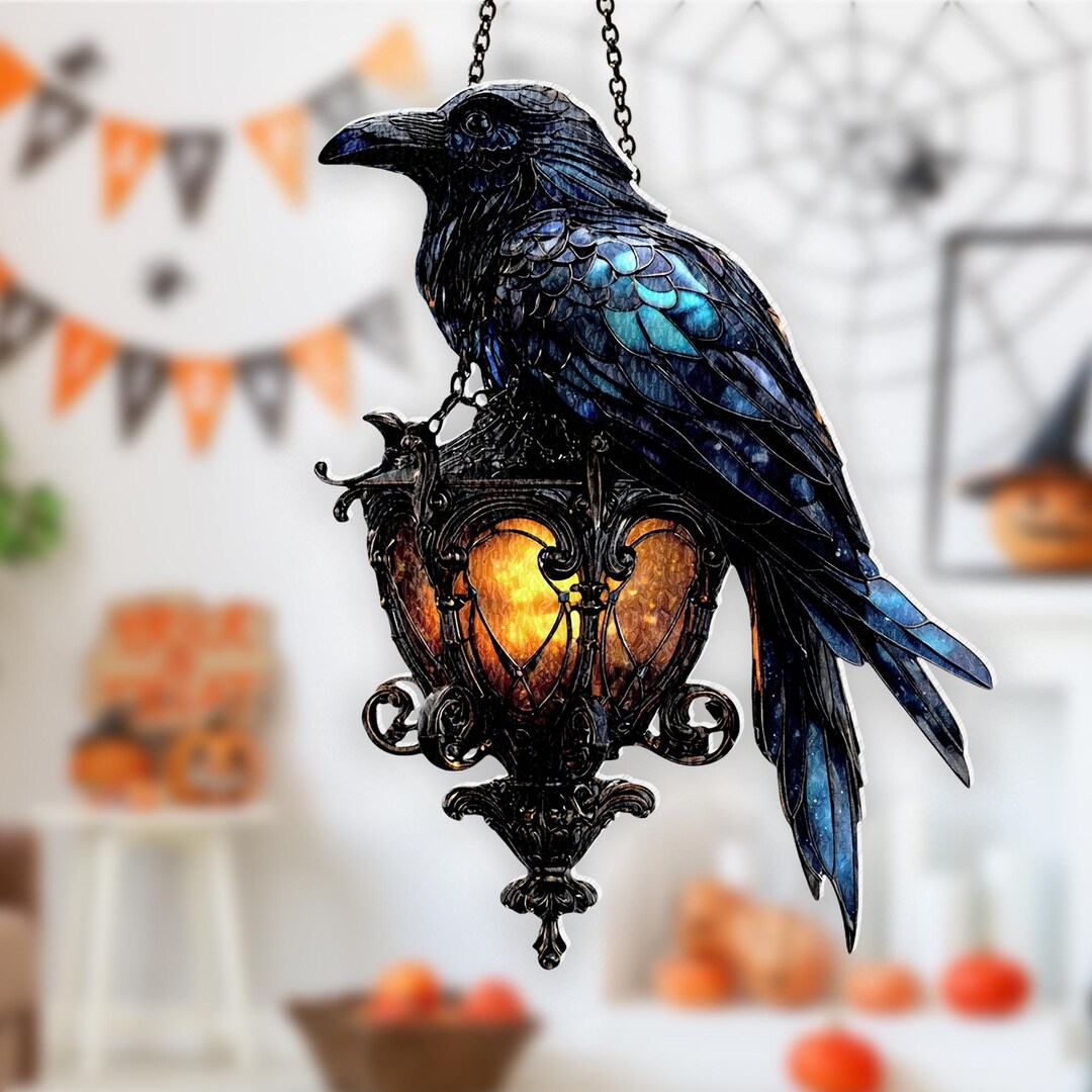 Gothic Raven Acrylic Suncatcher – Halloween Window Decor, Crow on ...