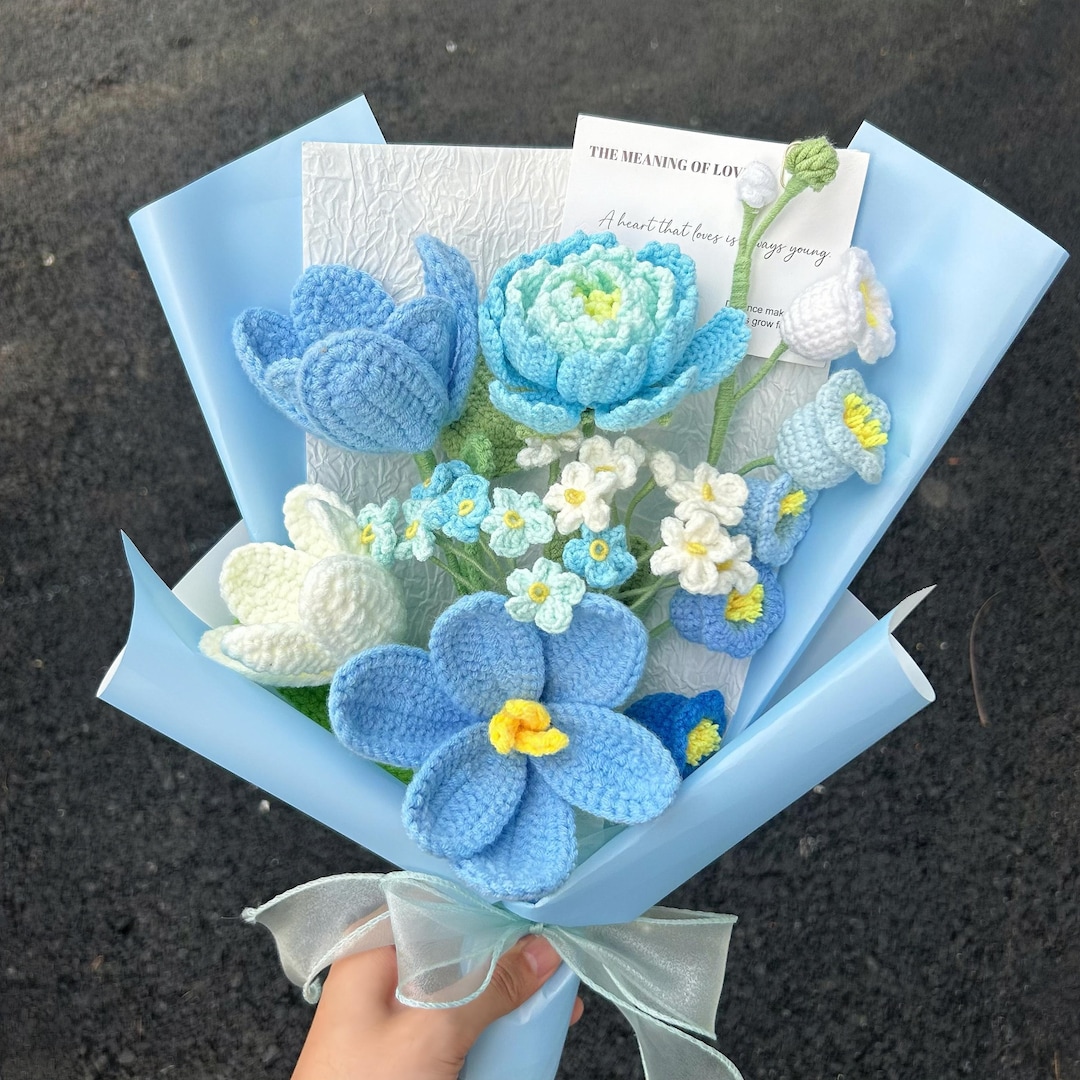 Crochet Blue Flower Bouquet,tulip,rose,peony,lavender,forget-me-not ...