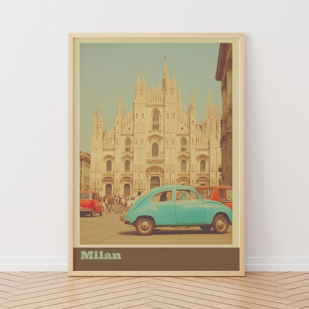 Milan Retro Travel Poster - Colourful Milan Cathedral & Cars Vintage ...