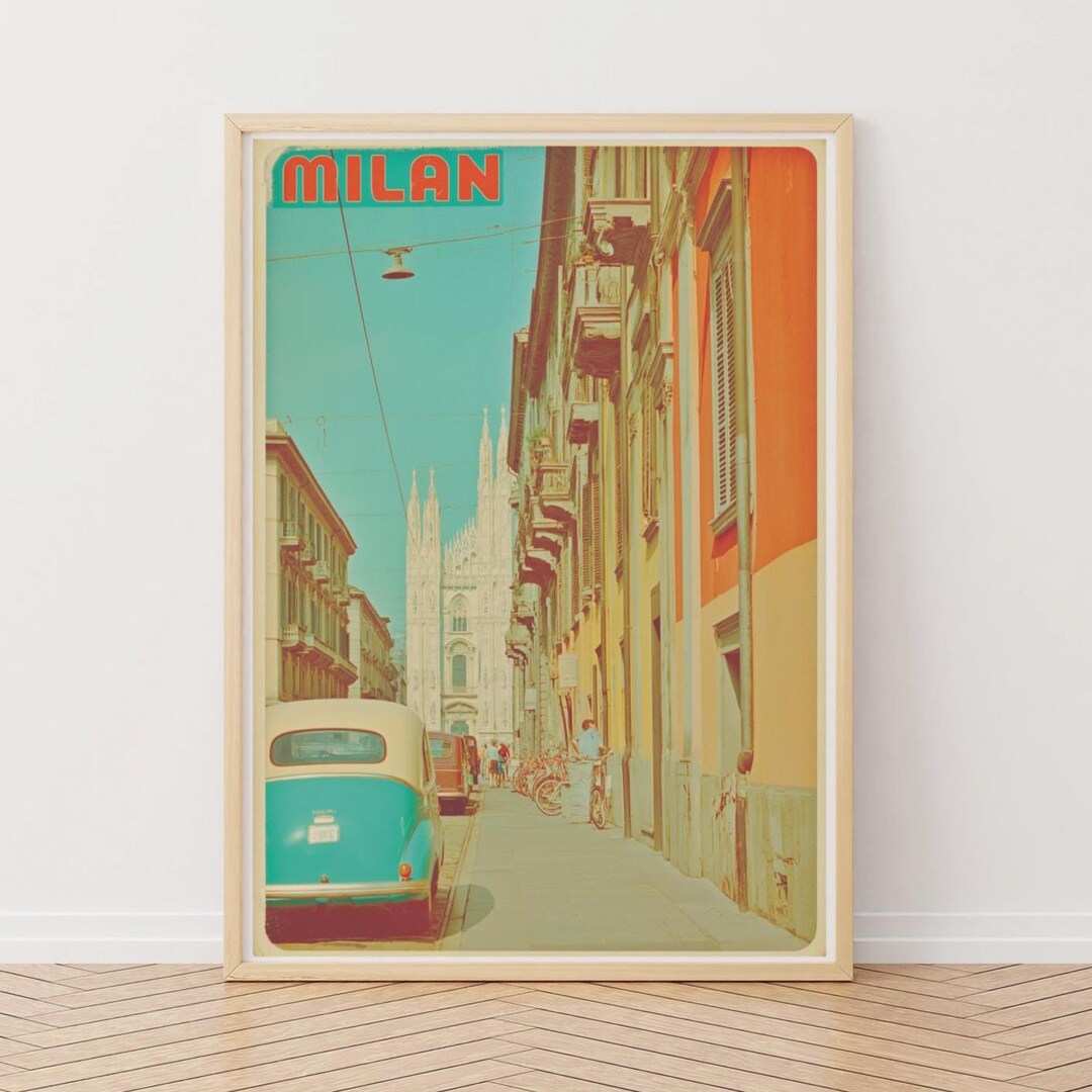 Milan Retro Travel Poster - Colourful Milan Cathedral & Side Streets ...