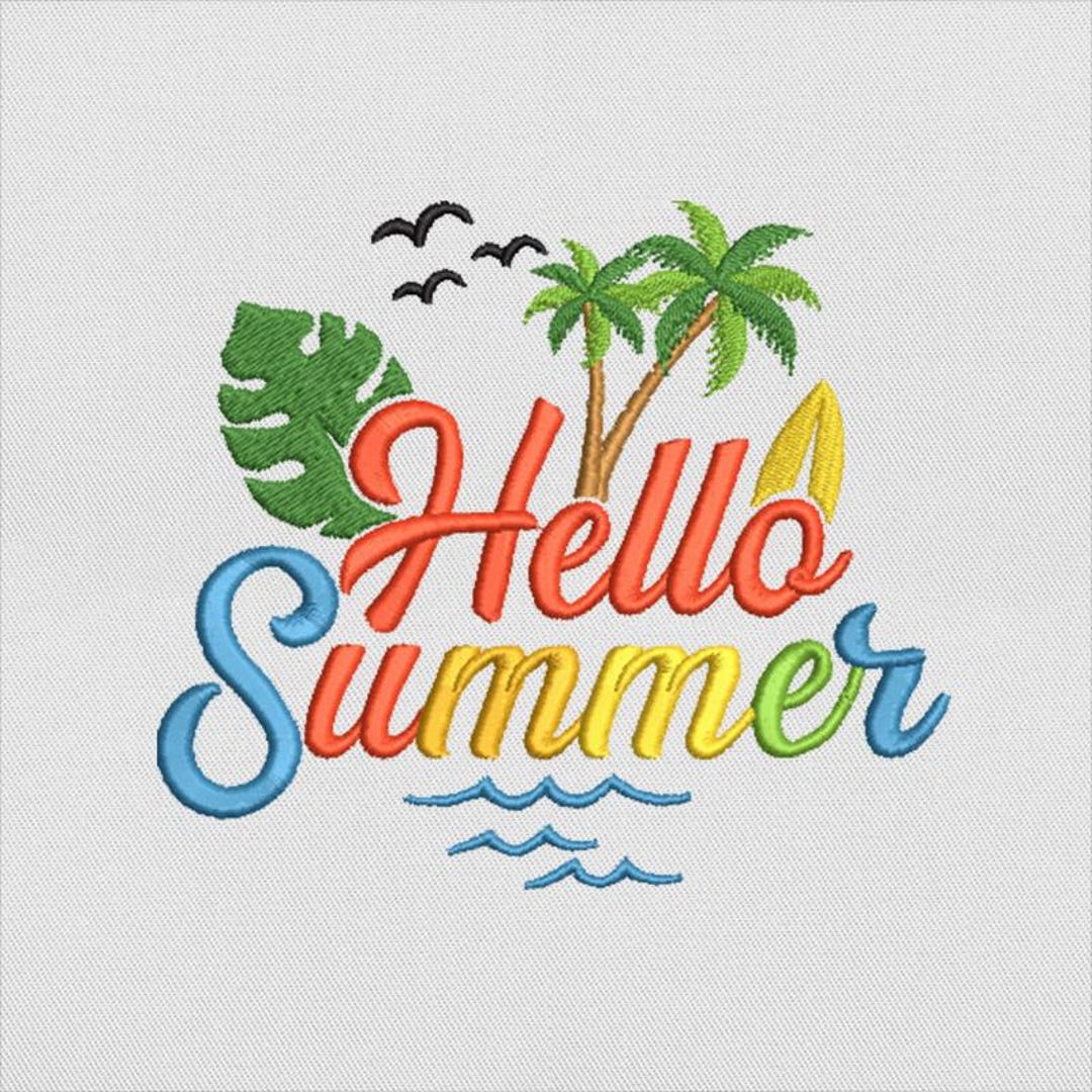 Hello Summer Embroidery Design, Colorful Text With Palm Tree Surfboard ...