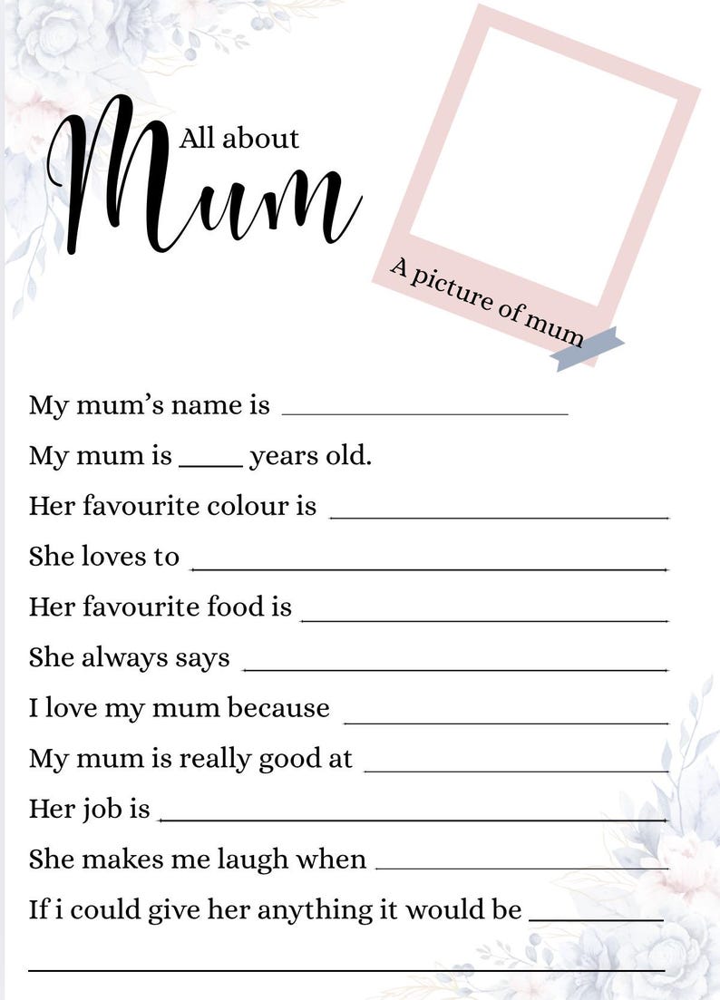 Mother’s Day Printable “all About My Mum” Questionnaire | Kids Mother’s ...