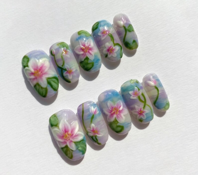 Hand Painted Water Lily Press on Nails: Reusable Artist Faux Nails ...