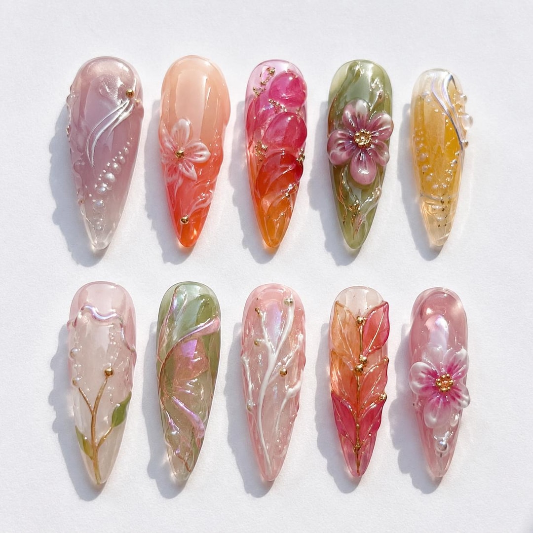 Dreamy Fairycore Press on Nails | 3D Flower Long Almond Fake Nails ...