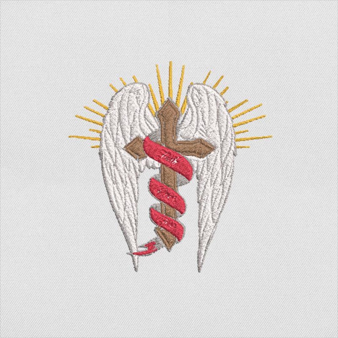 Healing Cross Embroidery Design, Angel Wings and Red Ribbon Christian ...