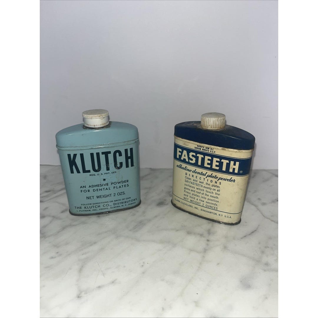 2 Vintage False Teeth Denture Plate Adhesive Tins Klutch Fasteeth Props ...