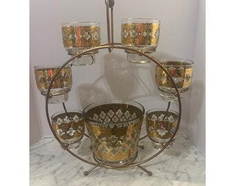 Starlyte Ice Bucket and Caddy Set in Red W/ Gold Medallions Scrolls ...