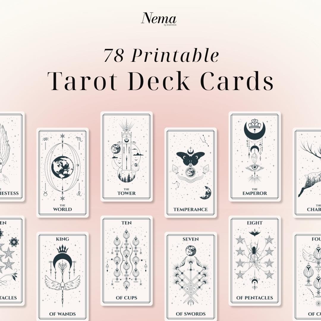 Tarot Cards Printable, Mystical Celestial Design, Line Art Tarot Deck ...