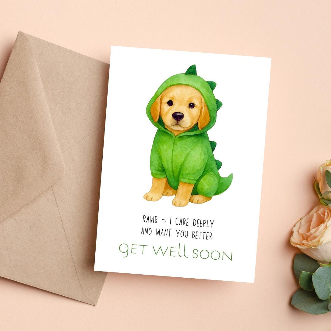 Get Well Soon Card, Cute Dog Recovery Card, Golden Retriever in Dino ...