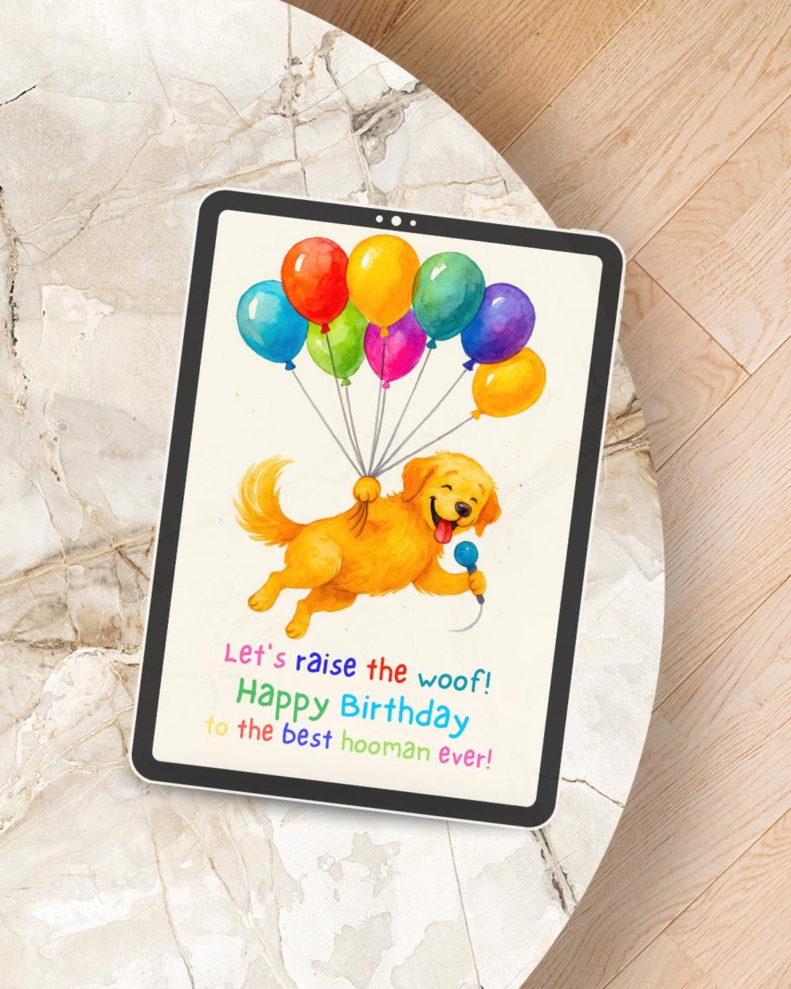 Funny Dog Birthday Card, Golden Retriever Balloon Card, Colorful Puppy ...