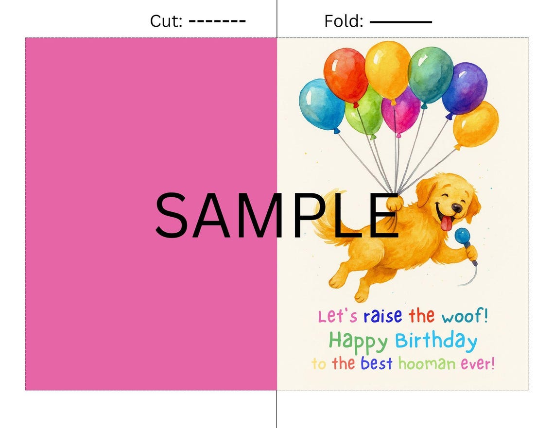 Funny Dog Birthday Card, Golden Retriever Balloon Card, Colorful Puppy ...