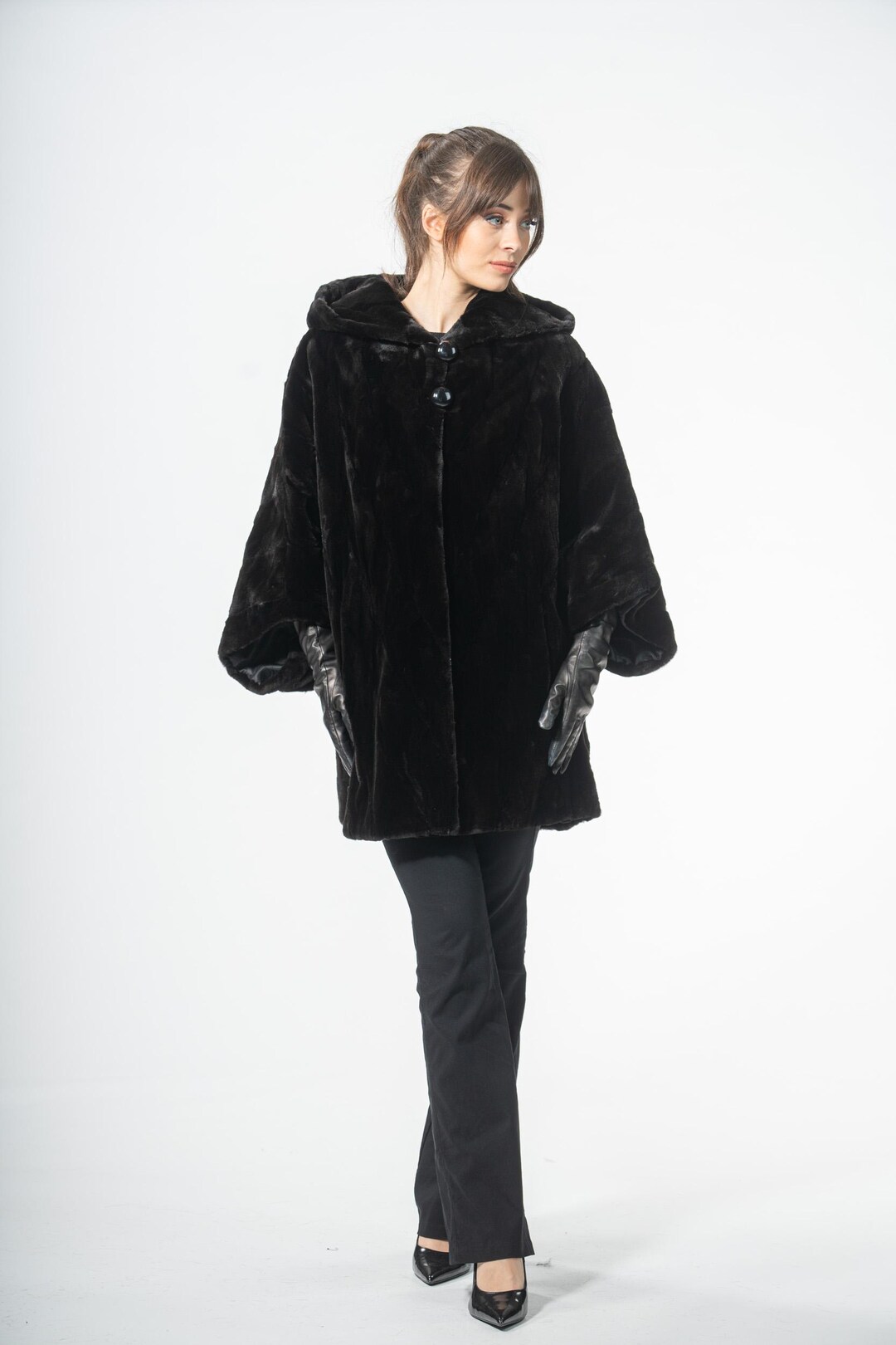 Black Sheared Mink Fur Jacket – Real Fur Hooded Coat - Winter Gift for ...