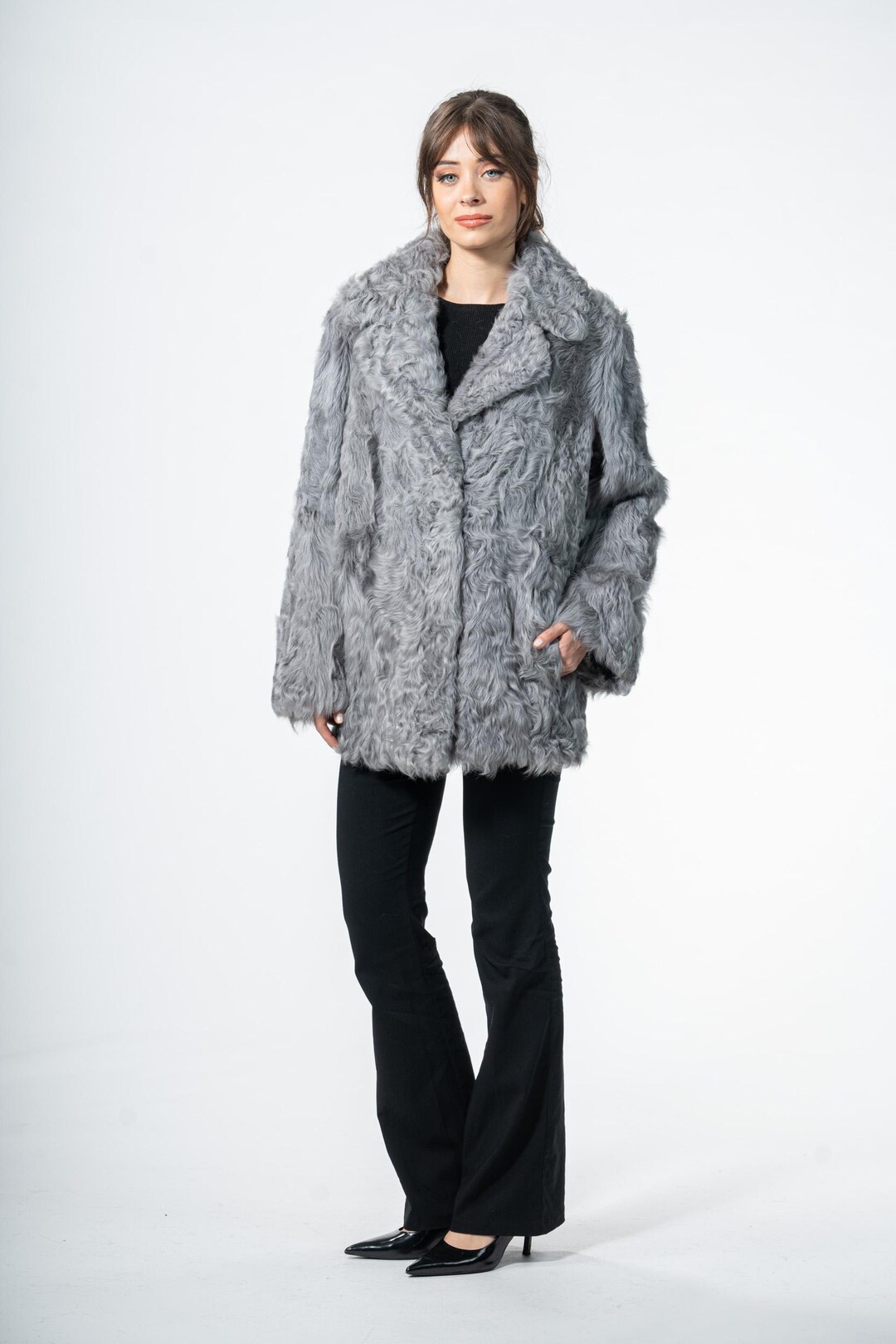 Silver Shearling Lamb Fur Jacket – Straight Relaxed Silhouette With ...