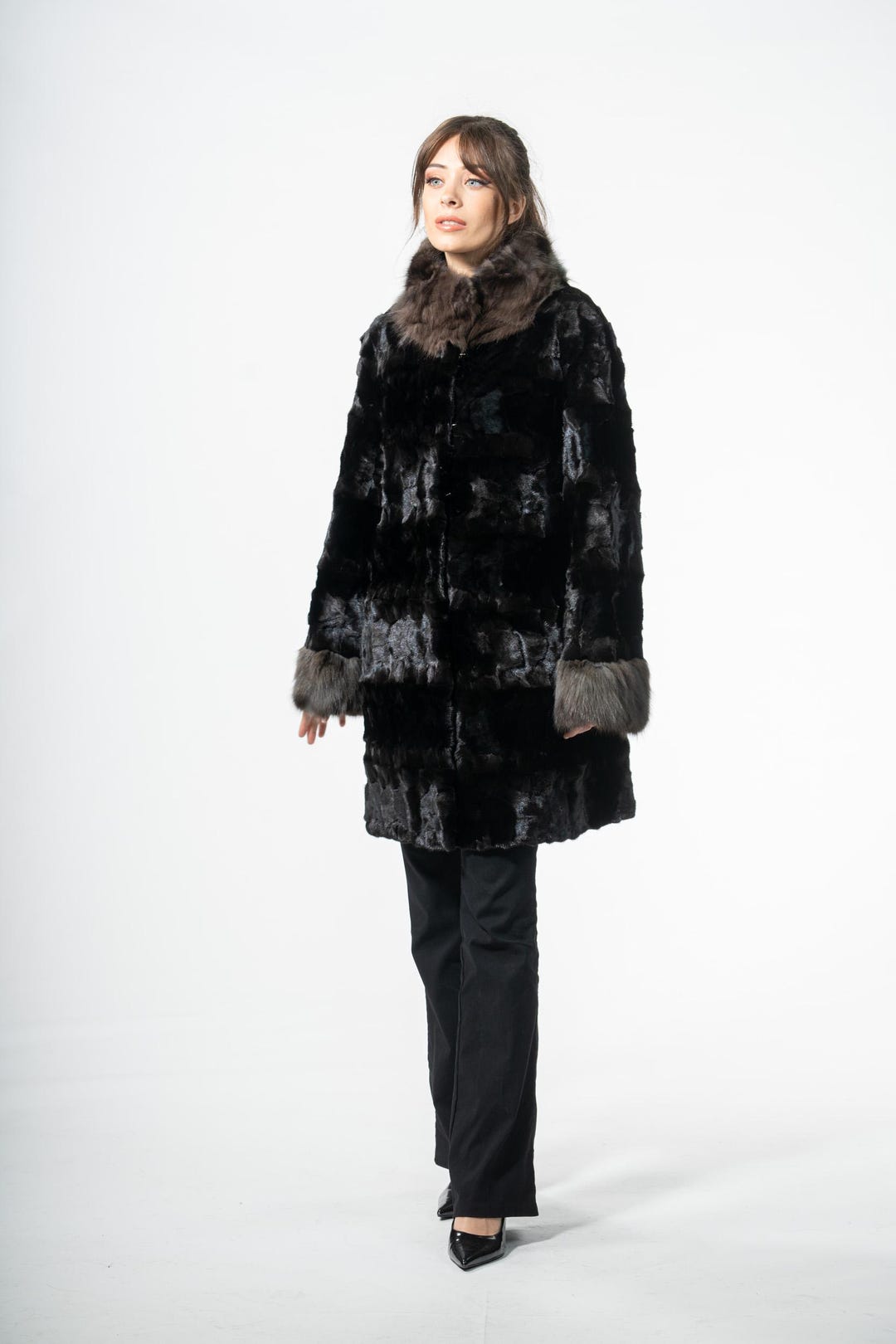 Black Mink Fur Coat - Trim Sable Collar and Cuffs - Winter Gift for Her ...