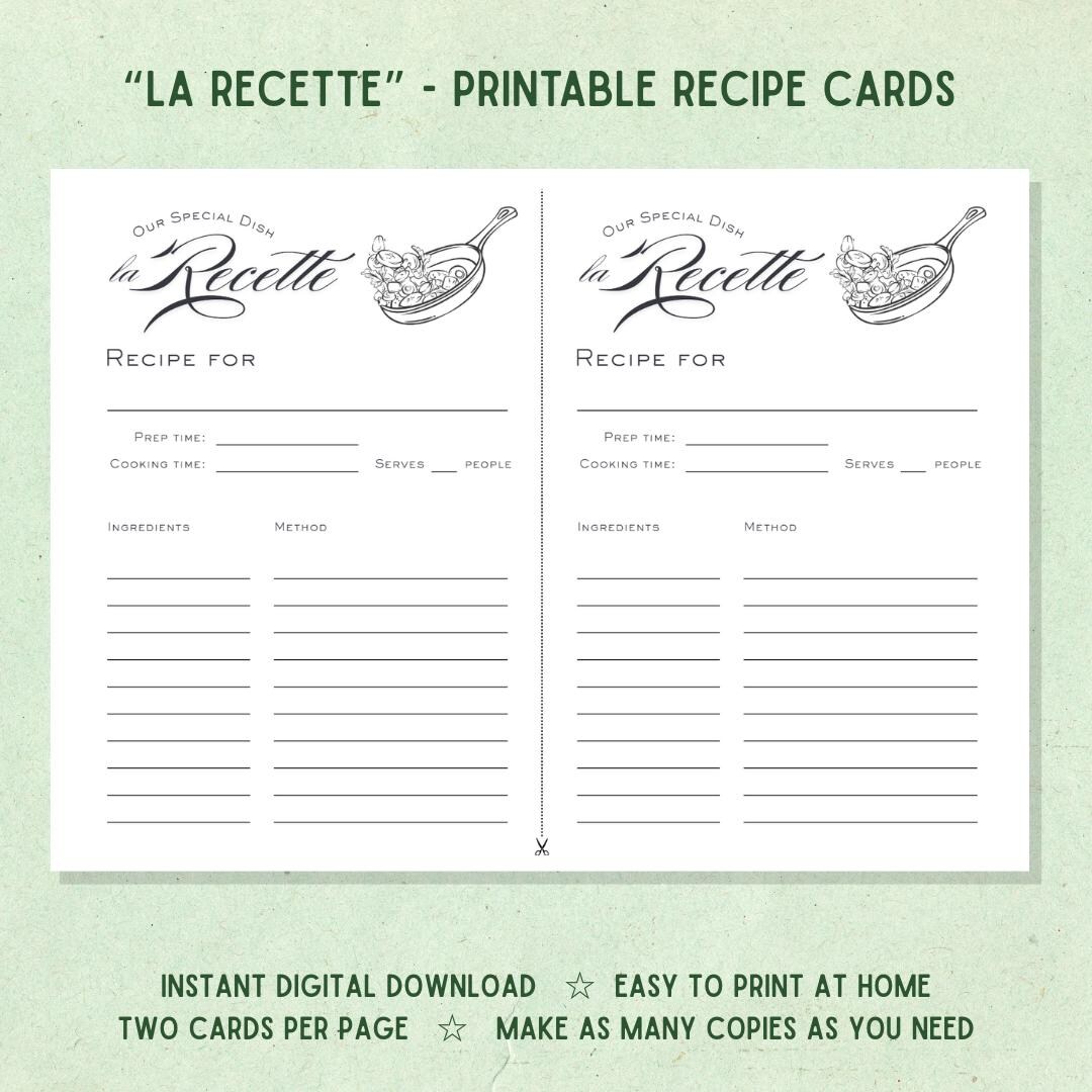 Classy Recipe Card Printable - "la Recette" - A4 & Letter Sizes ...