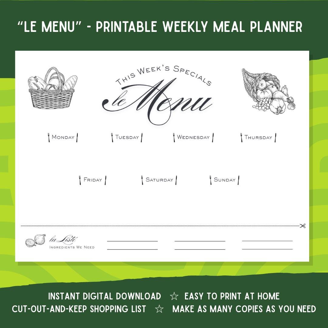 Weekly Meal Planner Printable - "Le Menu" - A4 & Letter Sizes - Digital ...