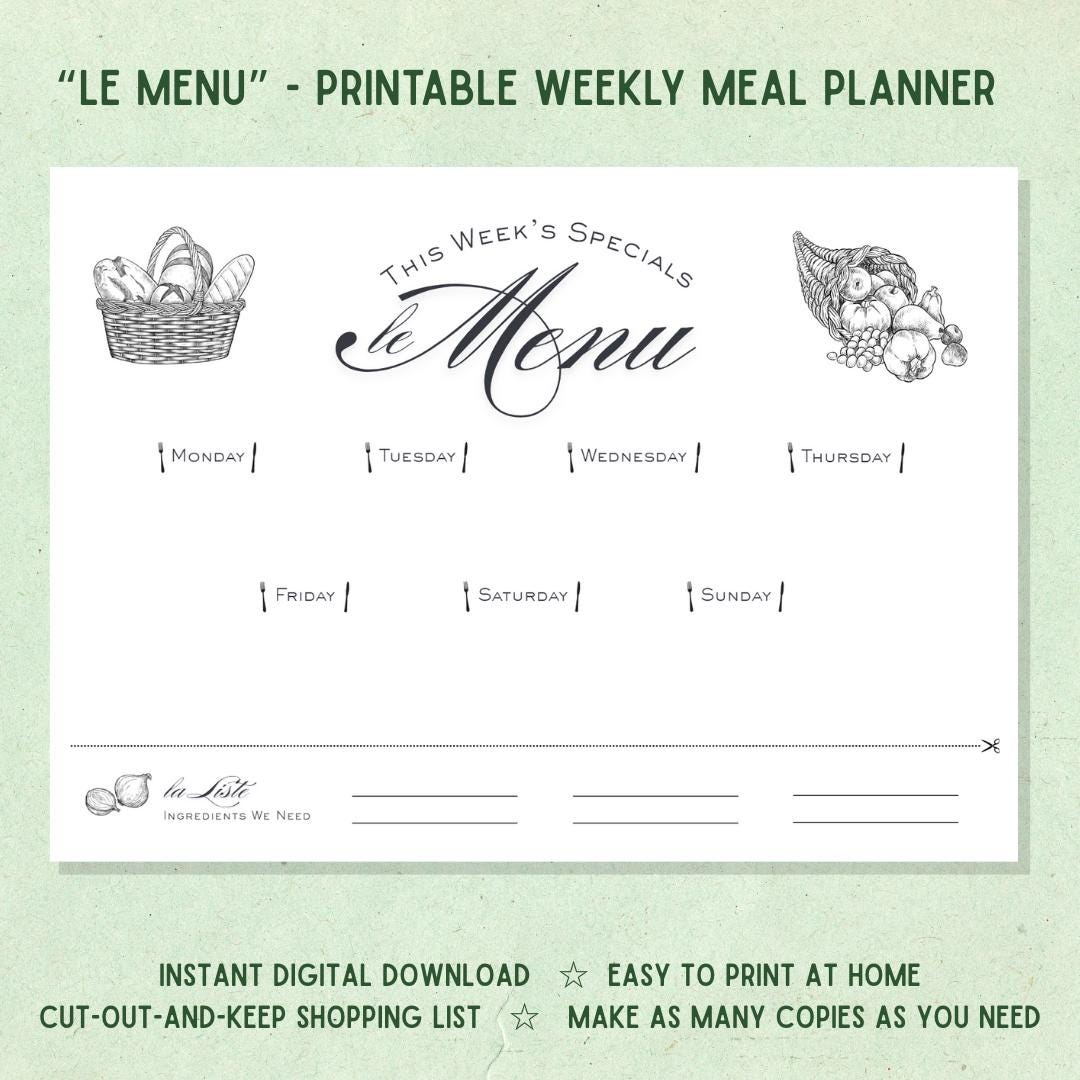 Classy Weekly Meal Planner Printable - "le Menu" - A4 & Letter Sizes ...