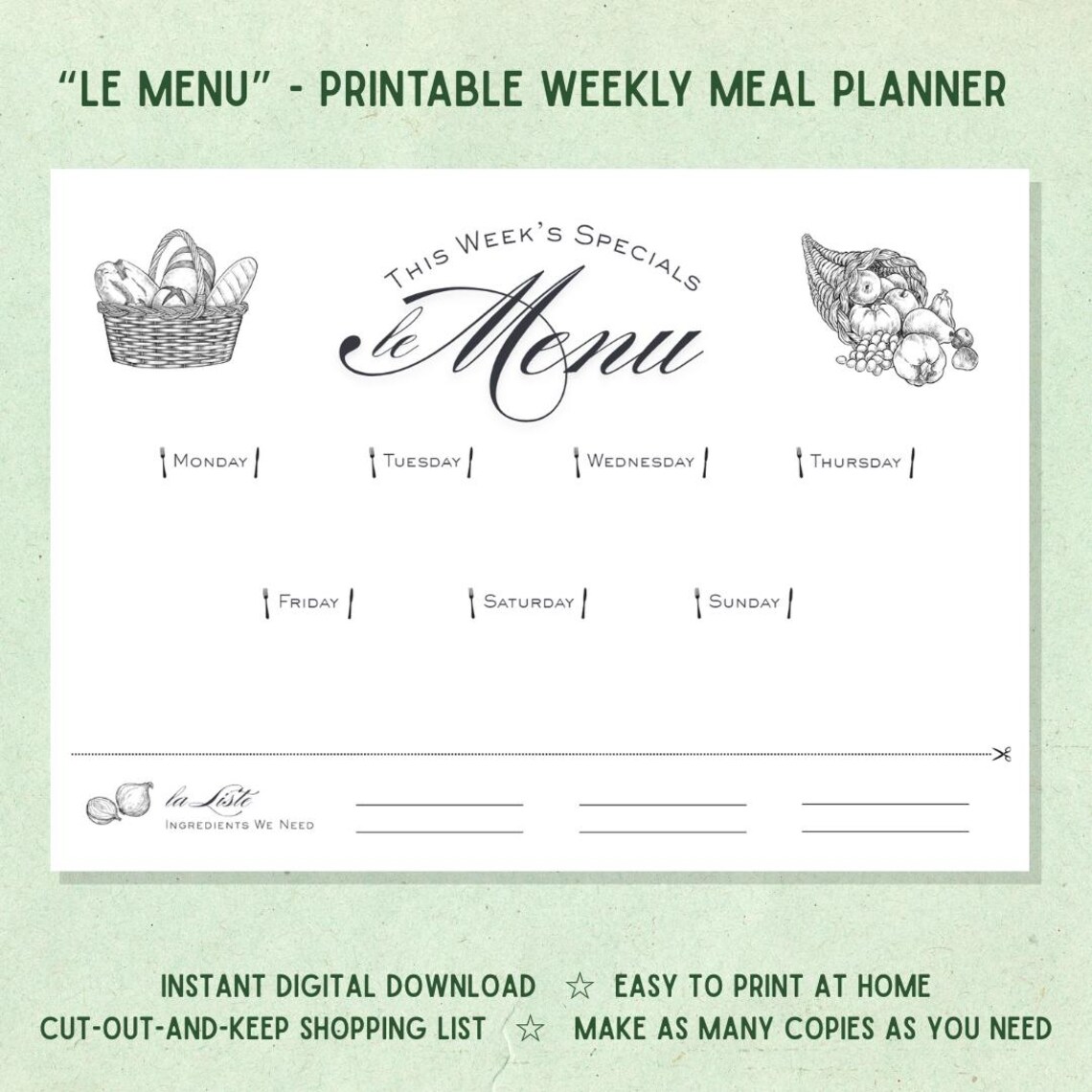 Classy Weekly Meal Planner Printable - "le Menu" - A4 & Letter Sizes ...