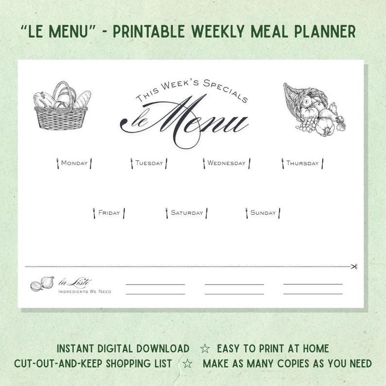 Classy Weekly Meal Planner Printable - "le Menu" - A4 & Letter Sizes ...