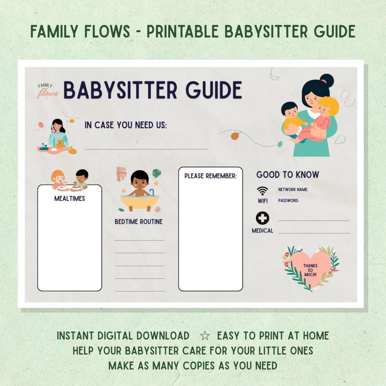 Cute Babysitter Guide Printable - "family Flows" - A4 & Letter Sizes ...