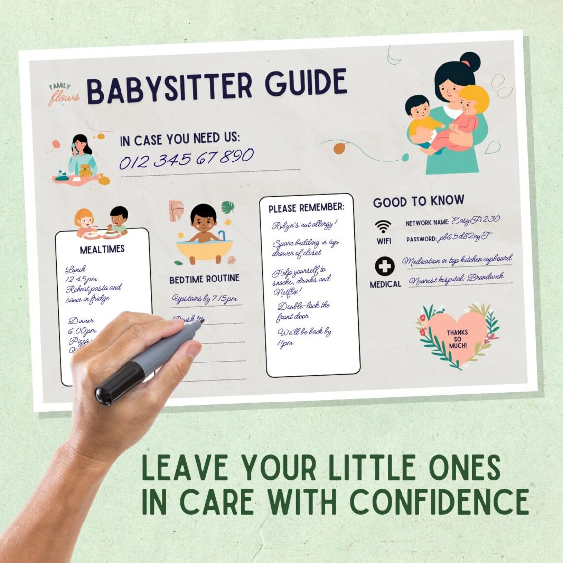 Cute Babysitter Guide Printable - "family Flows" - A4 & Letter Sizes ...