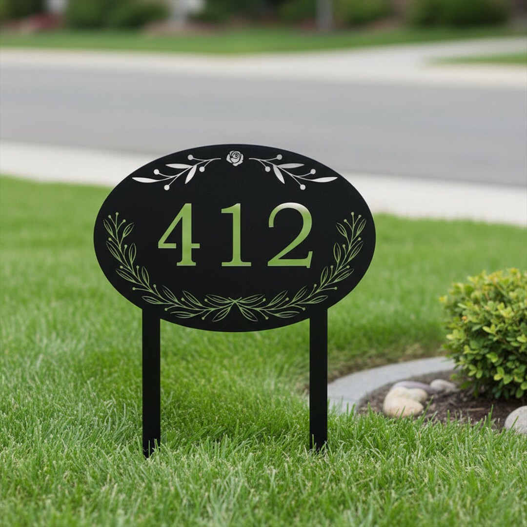 Custom Lawn Address Sign, Metal House Numbers for Yard, Oval Floral ...