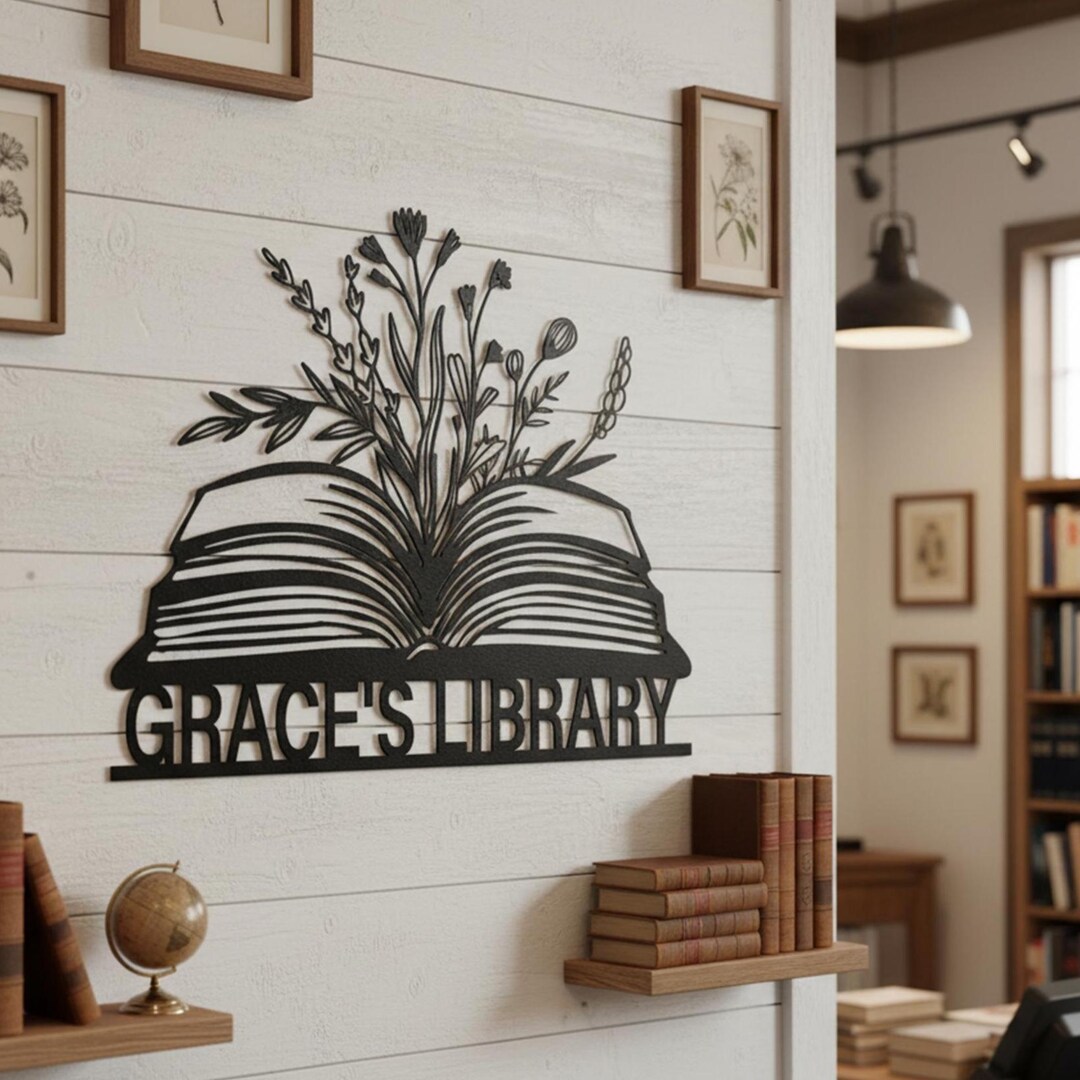 Personalized Library Book Sign Wall Art, Book Flower Library Wall Decor ...
