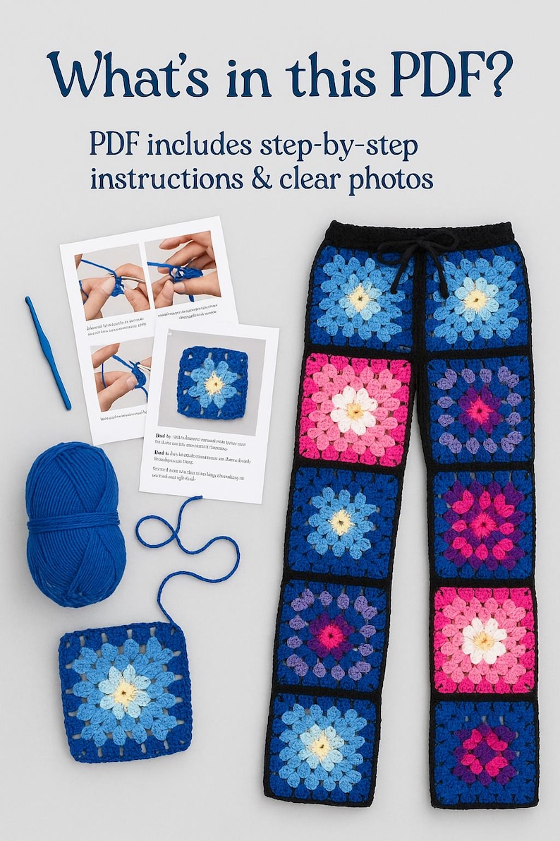 Granny Square Crochet Pants PDF Pattern: Boho Flower Patchwork Tutorial ...