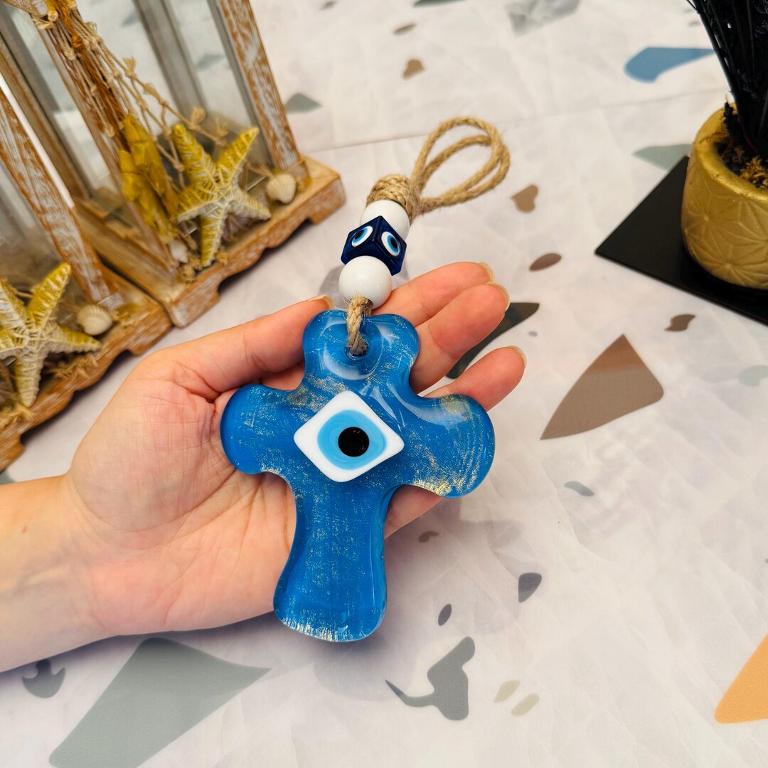 Handmade Glass Cross Evil Eye Wallhanging for House Protection – Blue ...