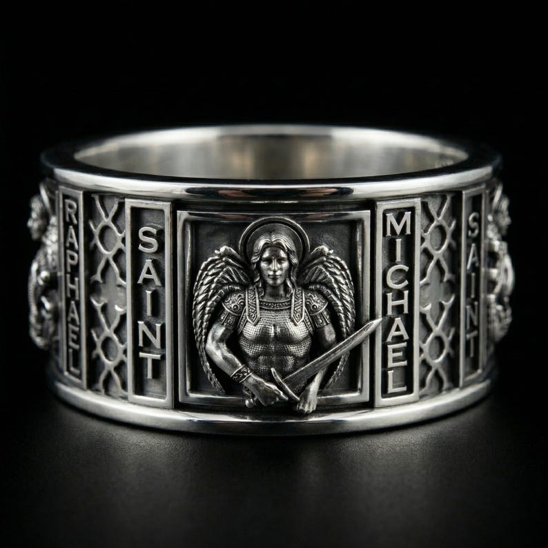 Sterling Silver Saint Michael Ring – Renaissance Art Inspired Statement ...