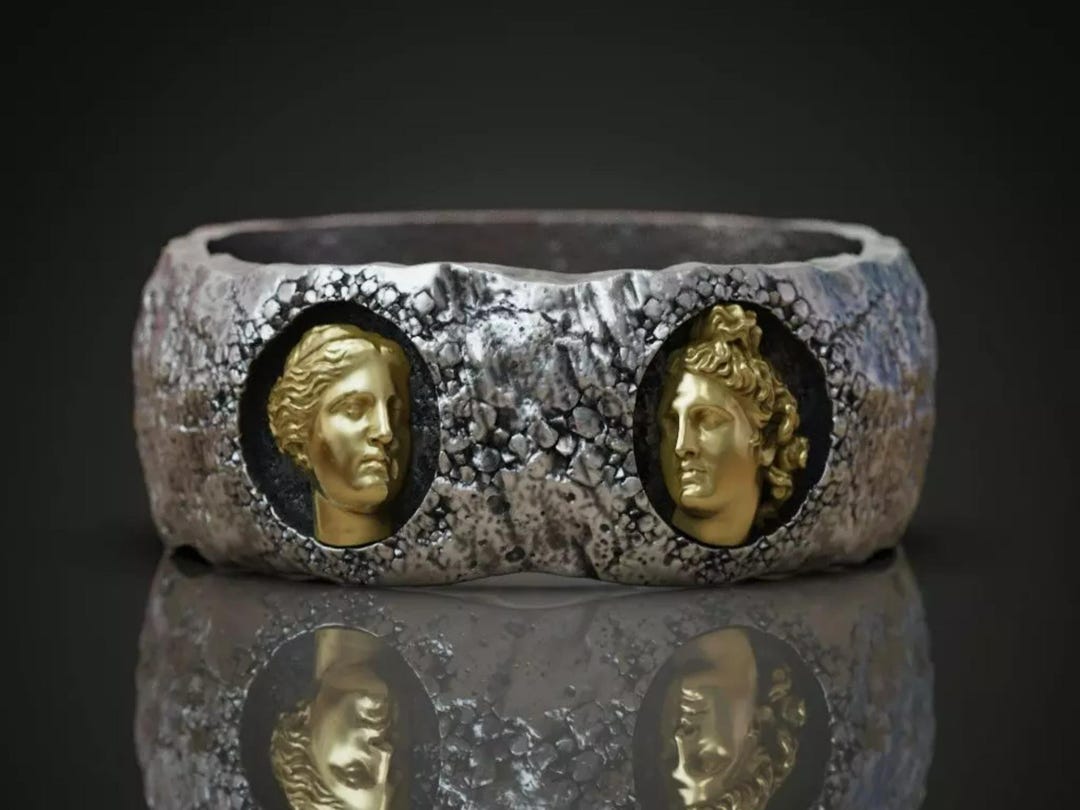 Greek Mythology Ring Silver Textured Band With Venus & Apollo Faces ...