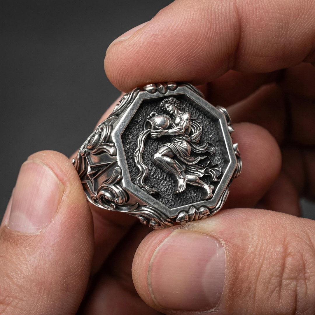 Aquarius Zodiac Ring 925 Silver – Water Bearer Signet Ring – Vintage ...