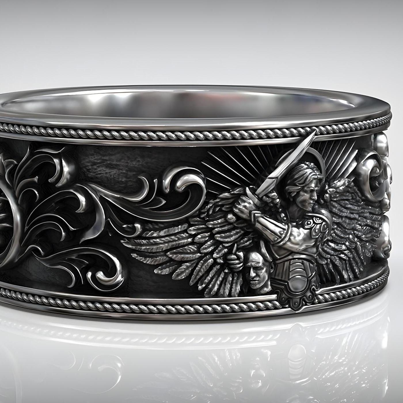 Archangel Michael Sterling Silver Signet Ring, Religious Mens Faith ...