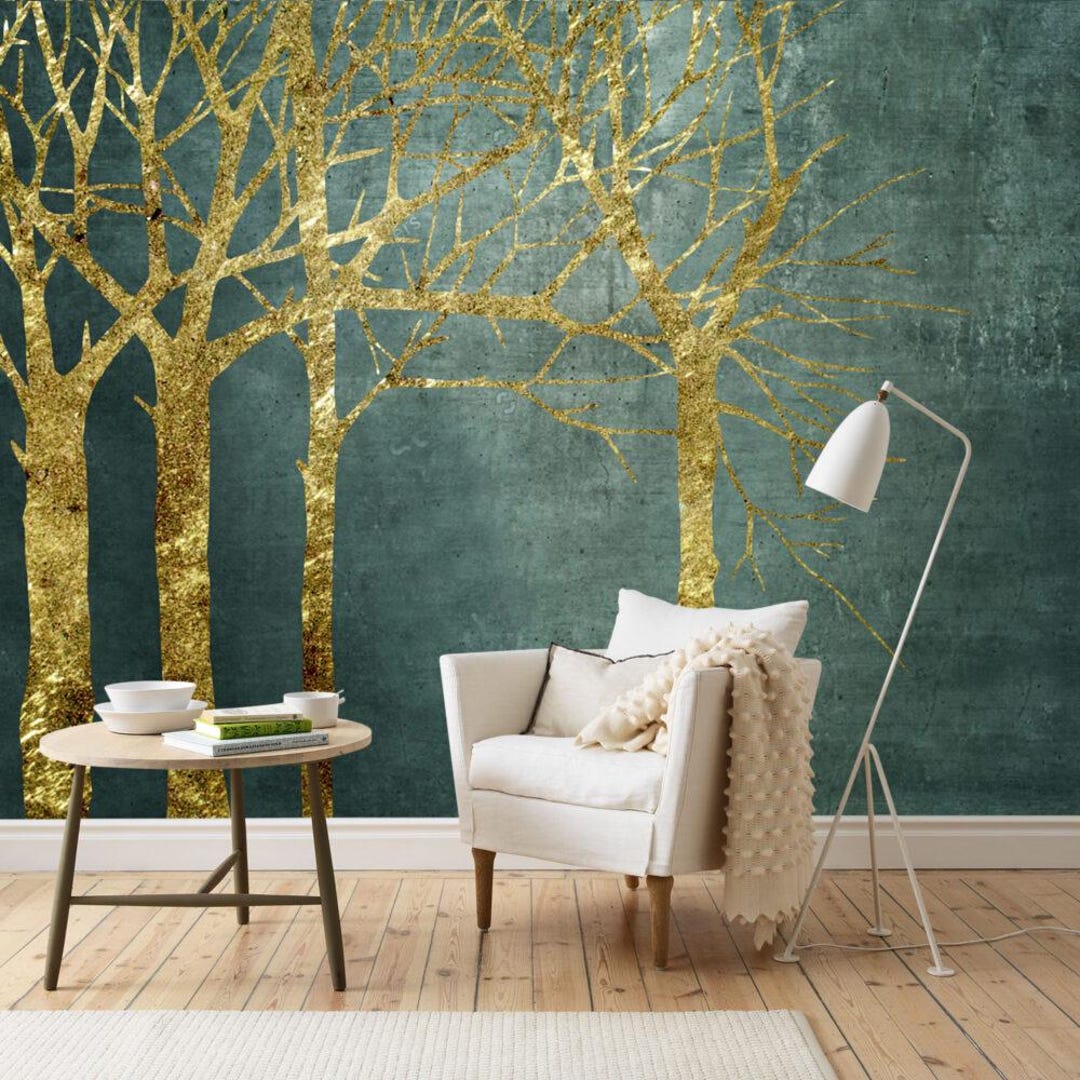 Gold Look Trees Wallpaper, Elegant Nature Art, Luxury Decor, Custom ...